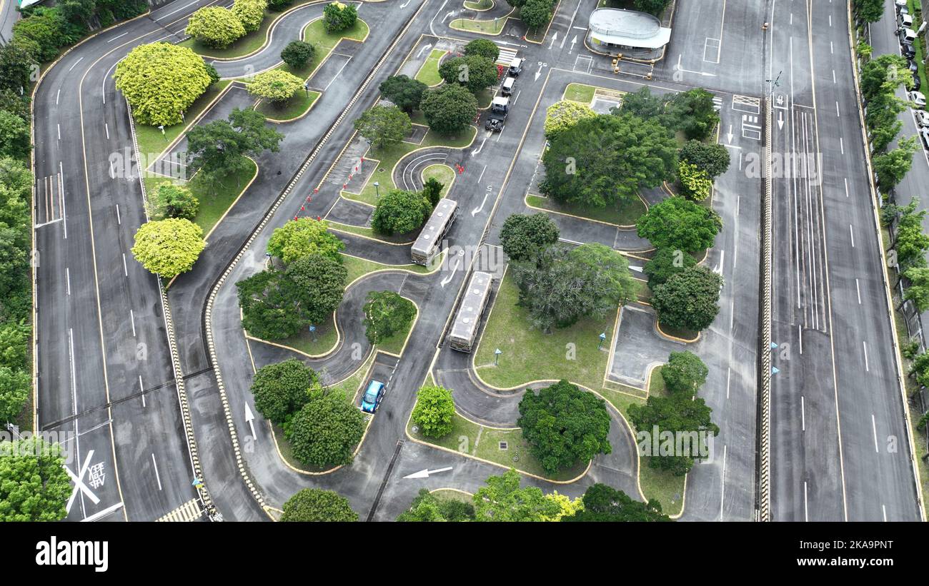 An aerial view of an empty bus station in the city during daytime Stock ...