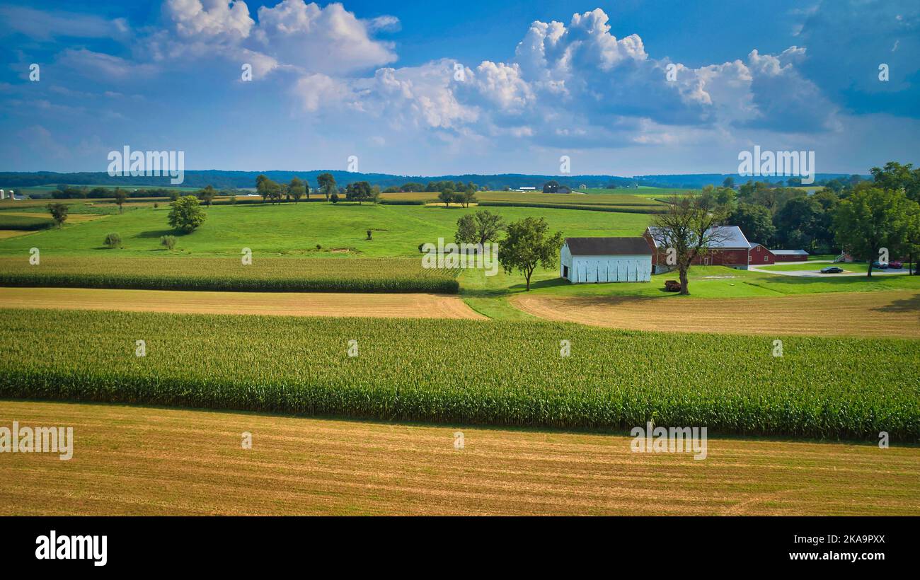 Drone View of Amish Countryside With Barns and Silos and Corn, Patch ...