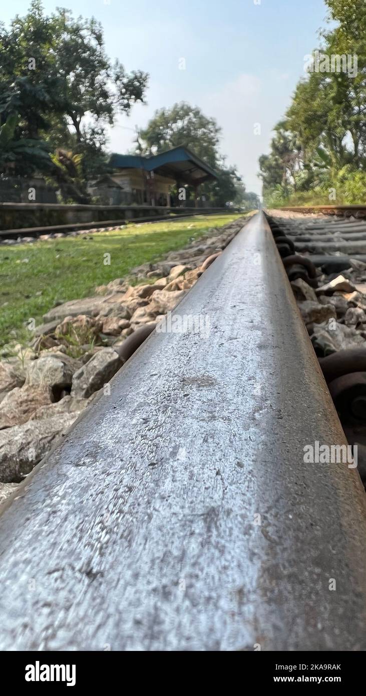 A vertical closeup of metal rails in Chandpur, Bangladesh Stock Photo ...