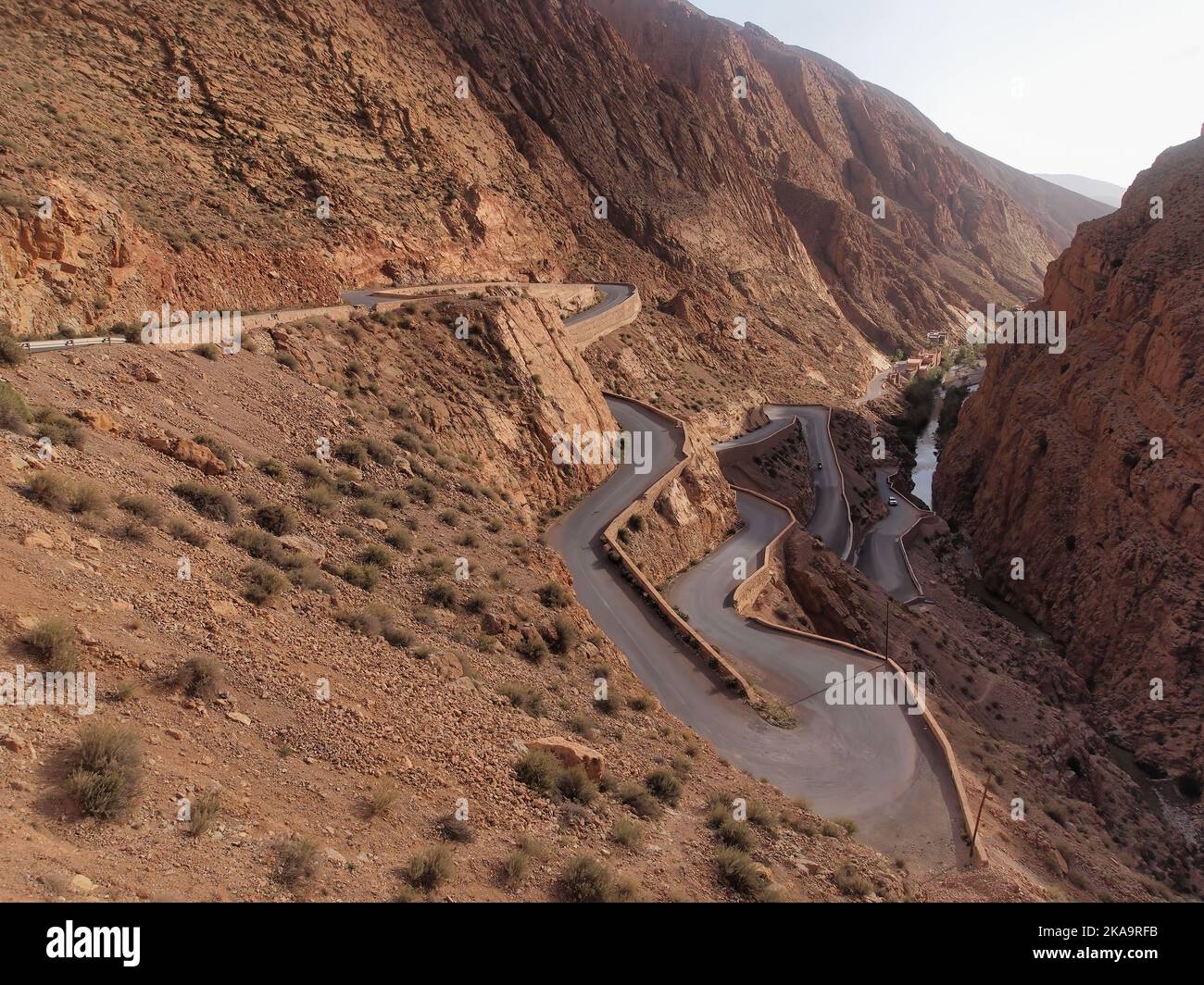 An aerial view of a driving trail at the Gorges du Dades in Morocco ...