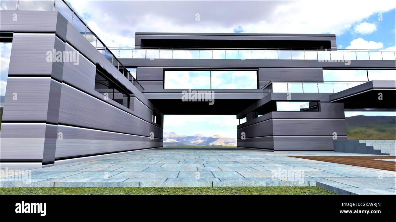 Through passage in the building. Mountains are visible on the other ...