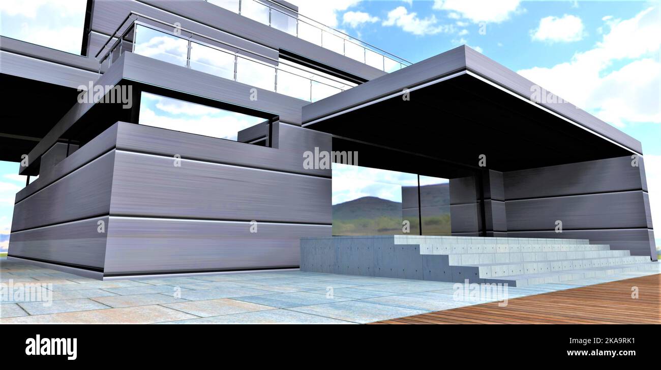 The concept of a stylish porch of a futuristic private house. The visor ...