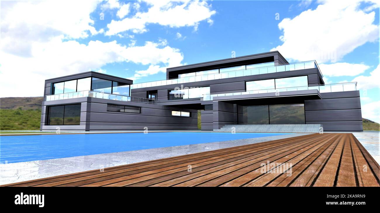 Decking around a spacious swimming pool in a stunning futuristic home ...