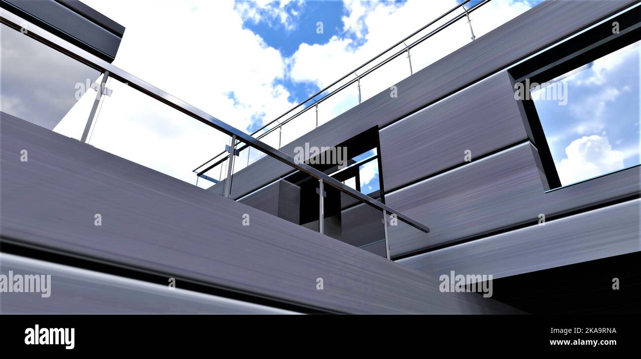 Bottom view of the facade of a stylish private house. The walls are ...