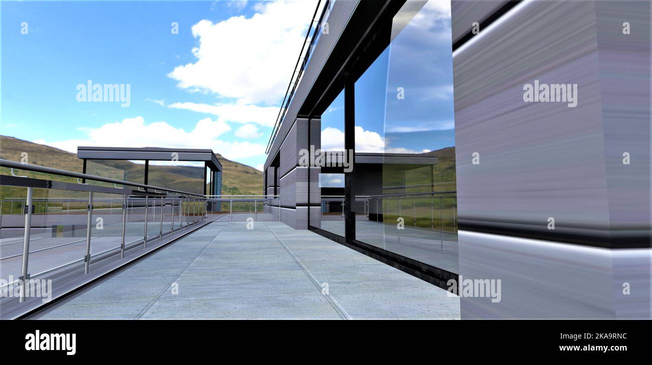 Stylish terrace with concrete flooring. Large panoramic three-chamber ...