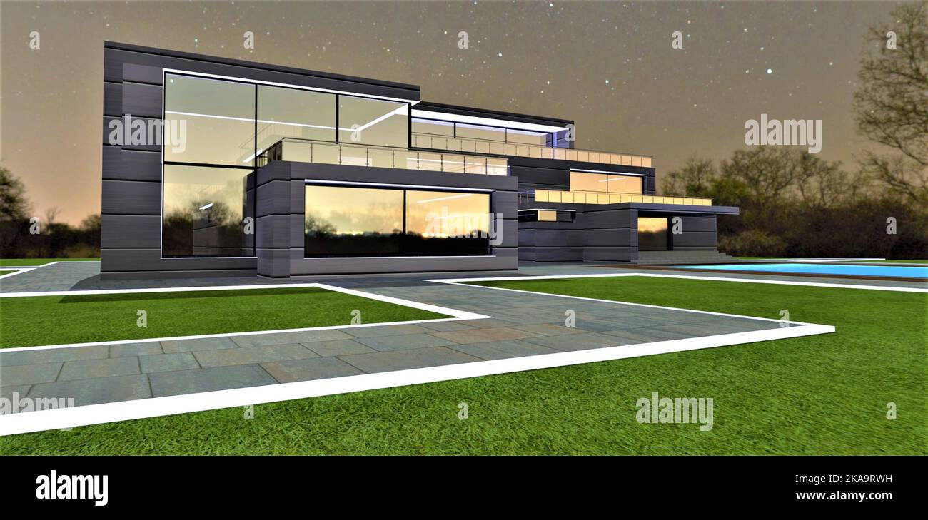 A sidewalk made of heavy concrete slabs with a white luminous curb late ...