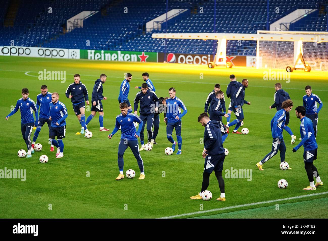 A general view of players during a training session at Stamford Bridge ...