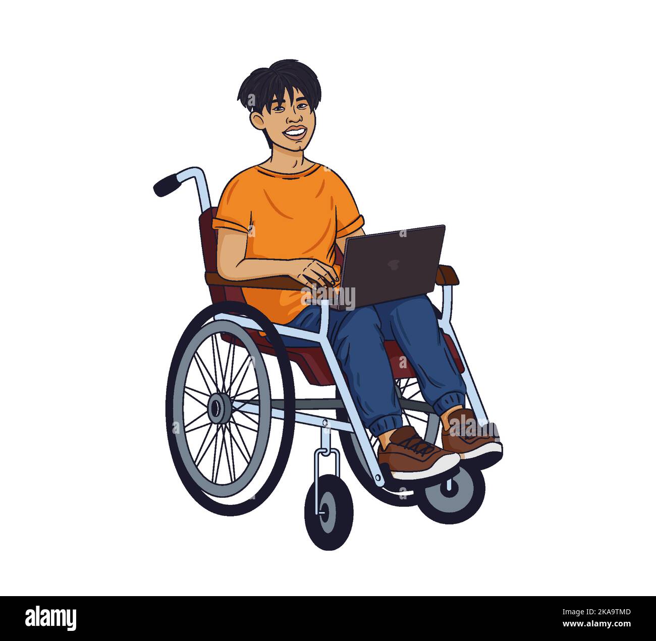 Disabled man in a wheelchair, asian, with a laptop on his knees, works ...