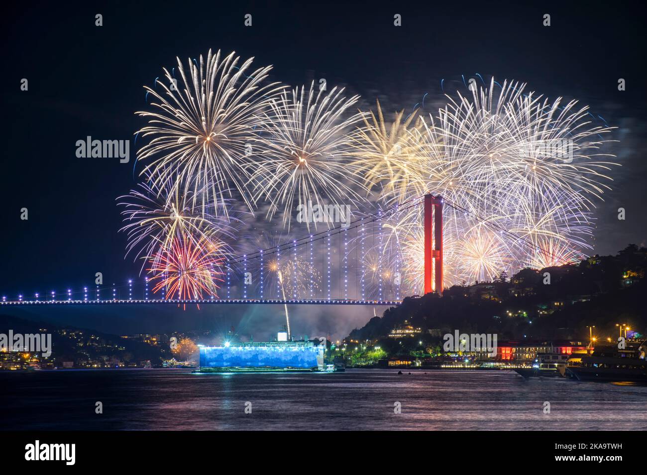 Istanbul, Ortakoy, Turkey - 29 October 2022: Fireworks over Bosphorus ...