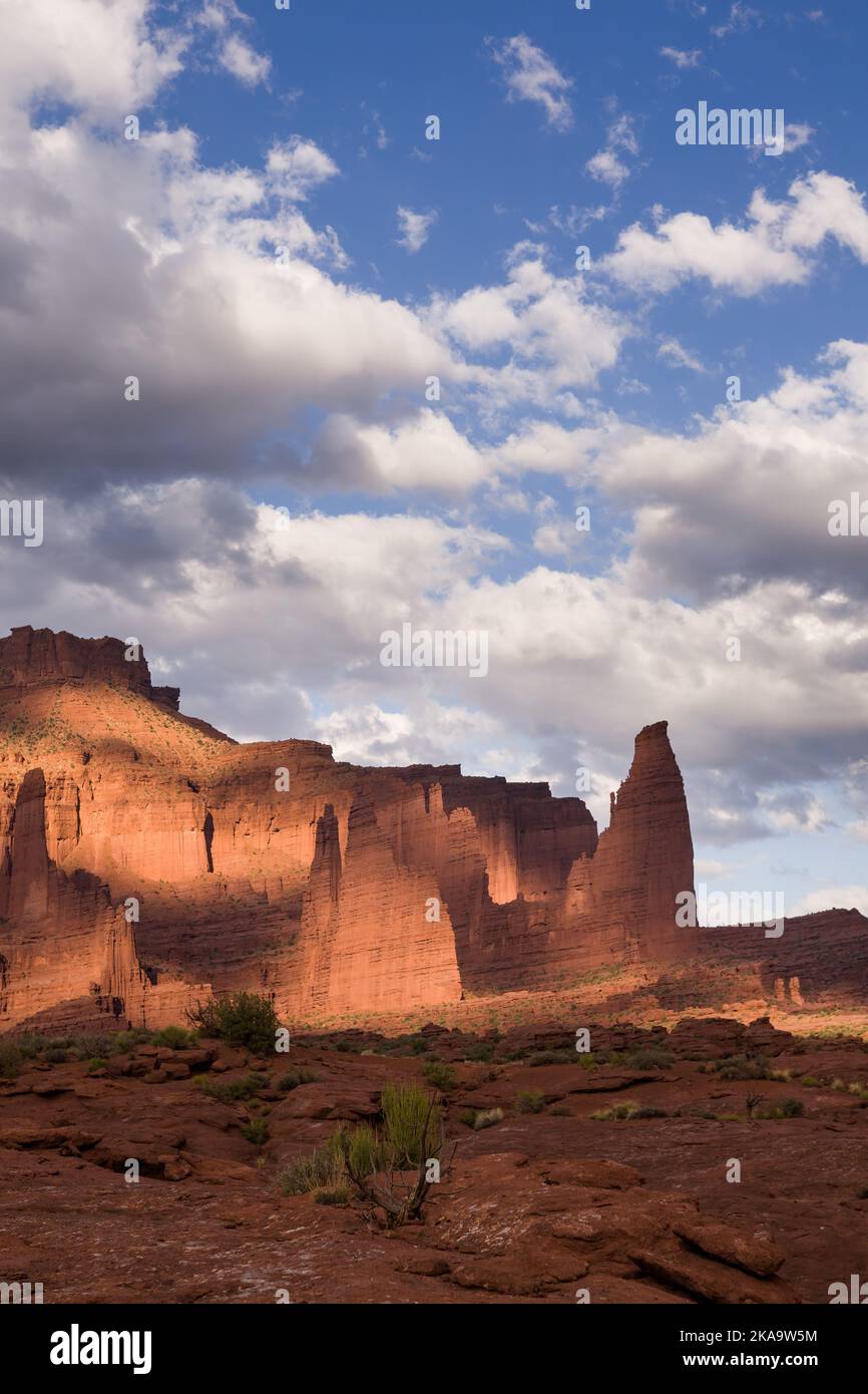 Spotlighting on the Fisher Towers near Moab, Utah. The Titan, at right ...