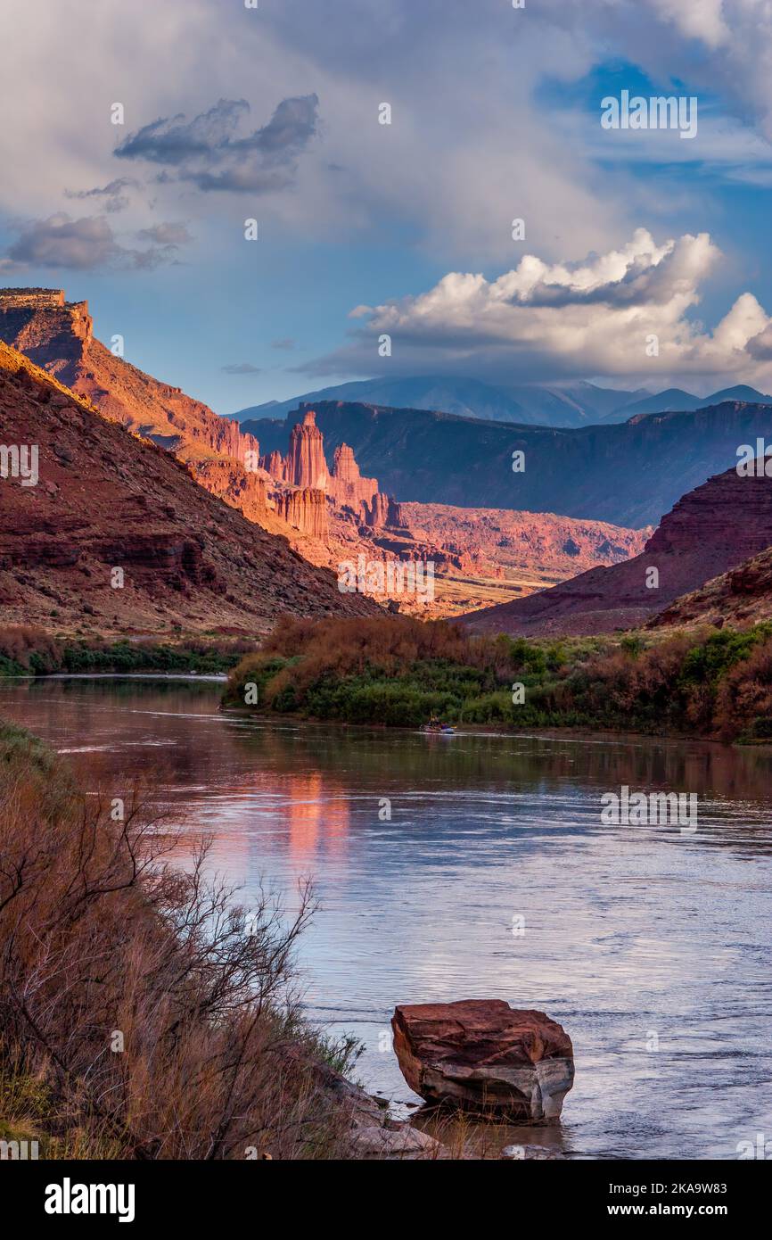 Fisher Towers, the Colorado River and the La Sal Mountains at sunset near Moab, Utah Stock Photo ...