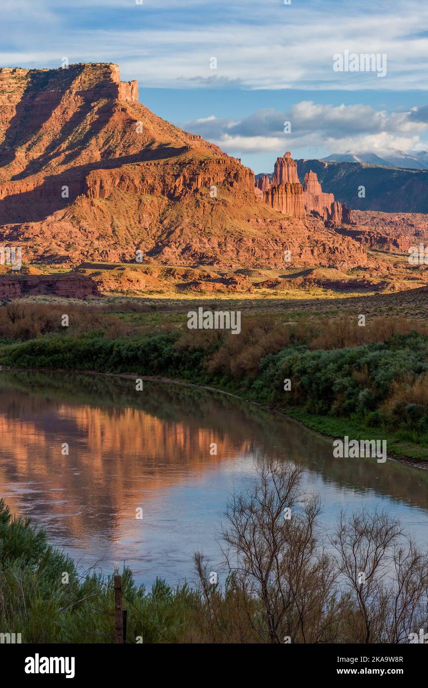 Fisher Towers, the Colorado River and the La Sal Mountains at sunset near Moab, Utah Stock Photo ...