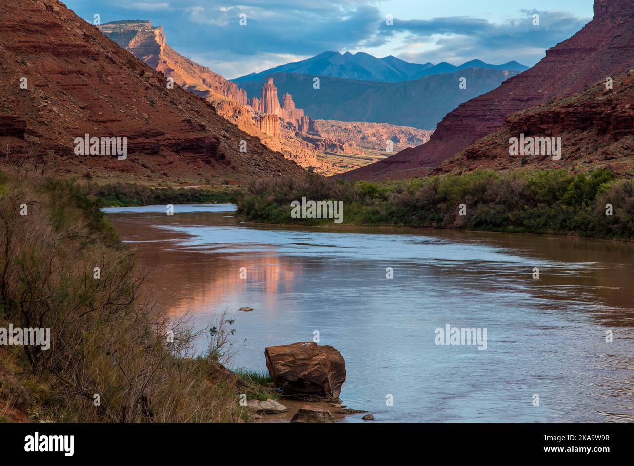 Waring Mesa, the Fisher Towers, the Colorado River, Fisher Mesa & the La Sal Mountains at sunset ...