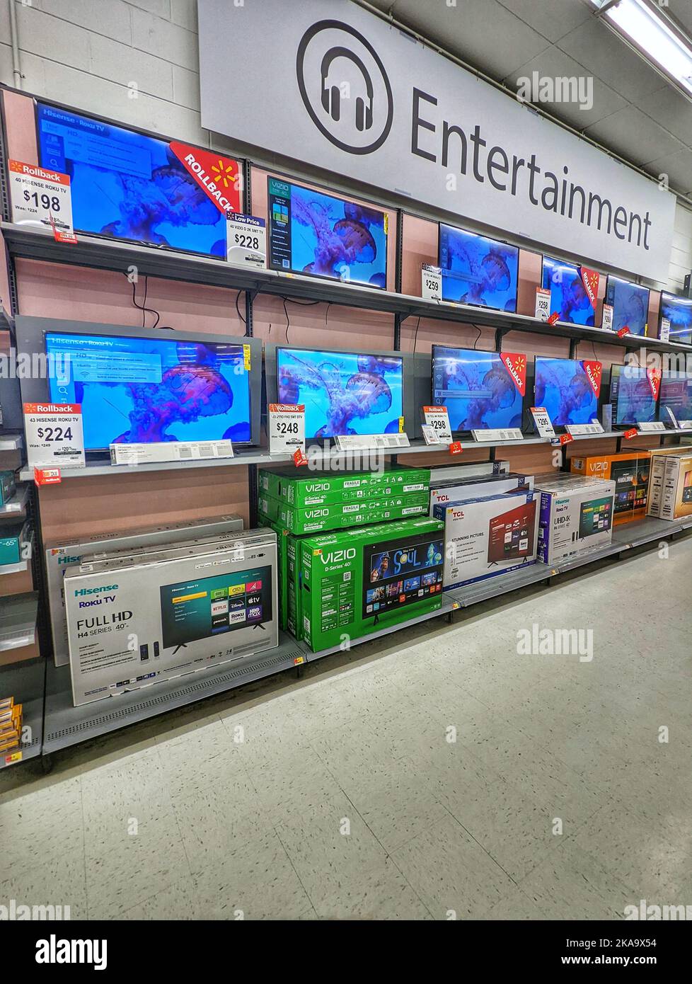 A vertical shot of television display at Walmart supercenter Stock ...
