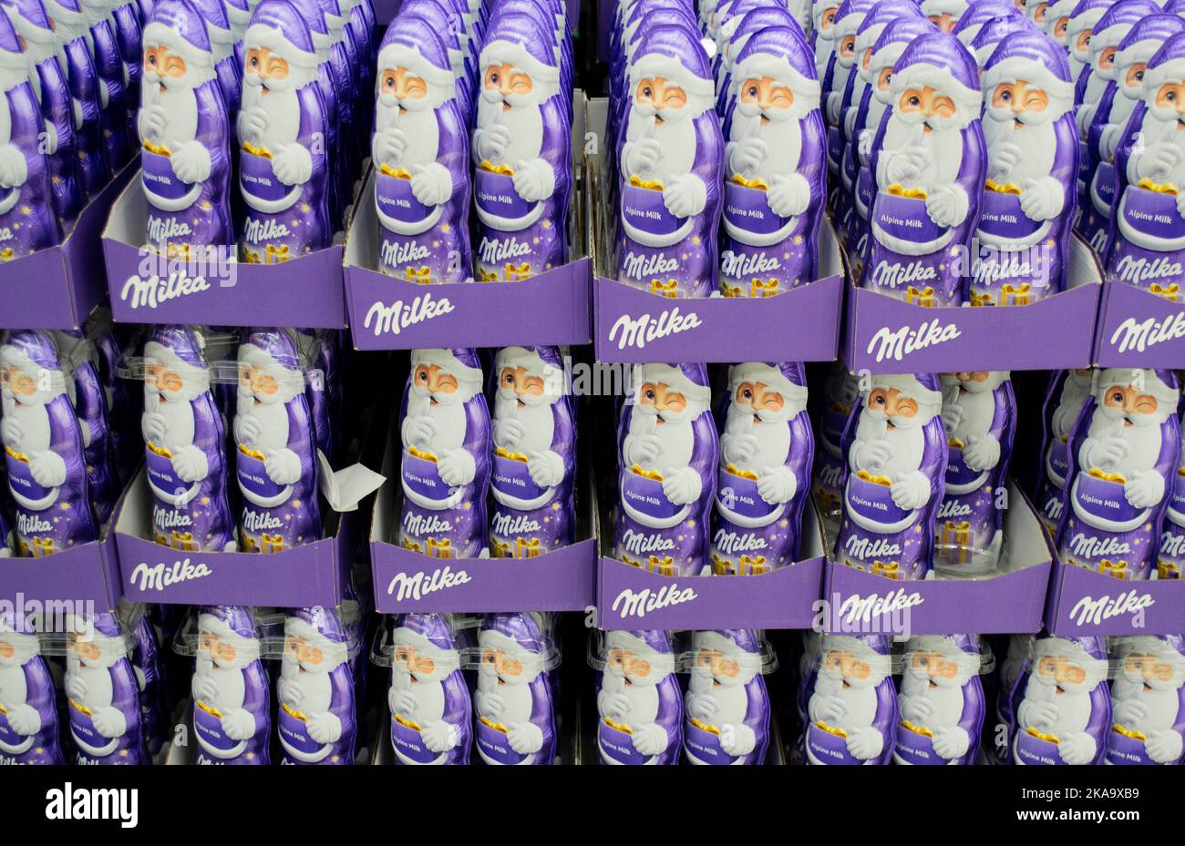 Moscow, Russia, November 2020: Close up of lots of chocolate winking ...