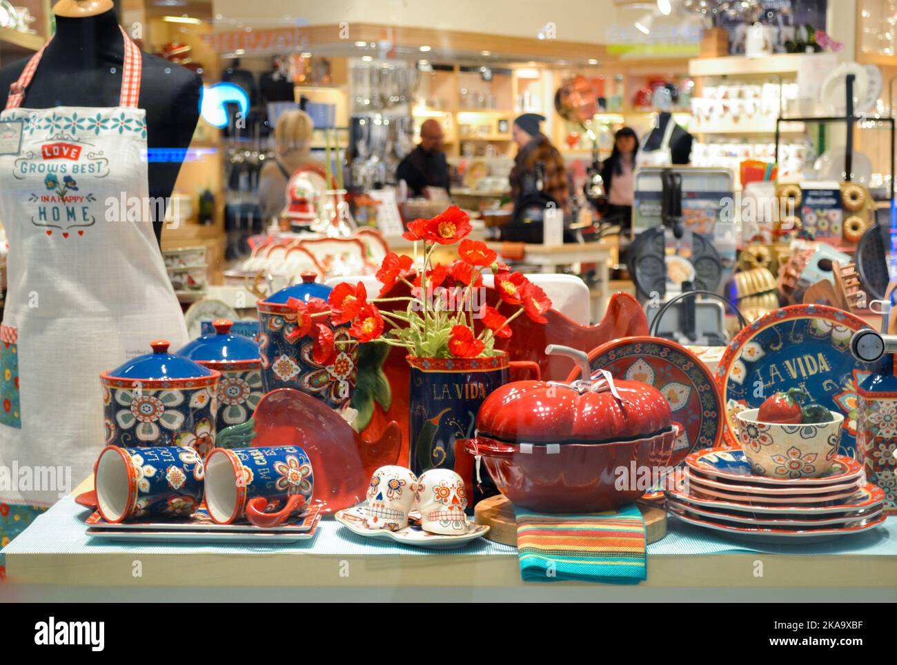 Moscow, Russia, November 2019: tableware shop Window: a set of bright ...