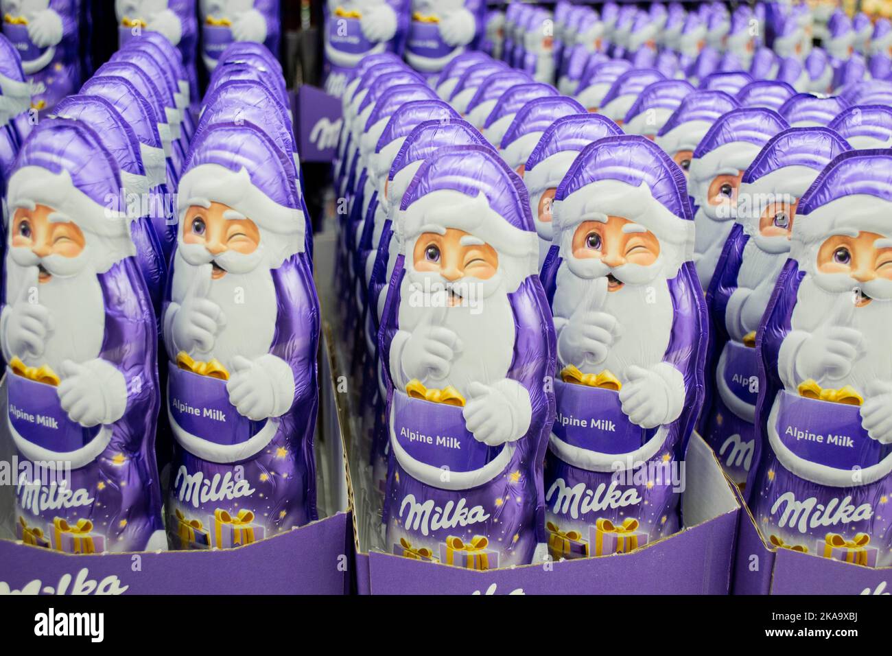 Moscow, Russia, November 2020: Close up of lots of chocolate winking ...
