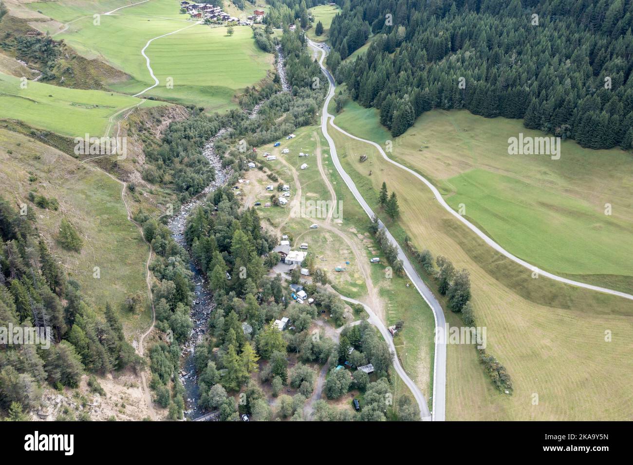 Arial view of campsite Giessen in the Binntal valley, Valais ...