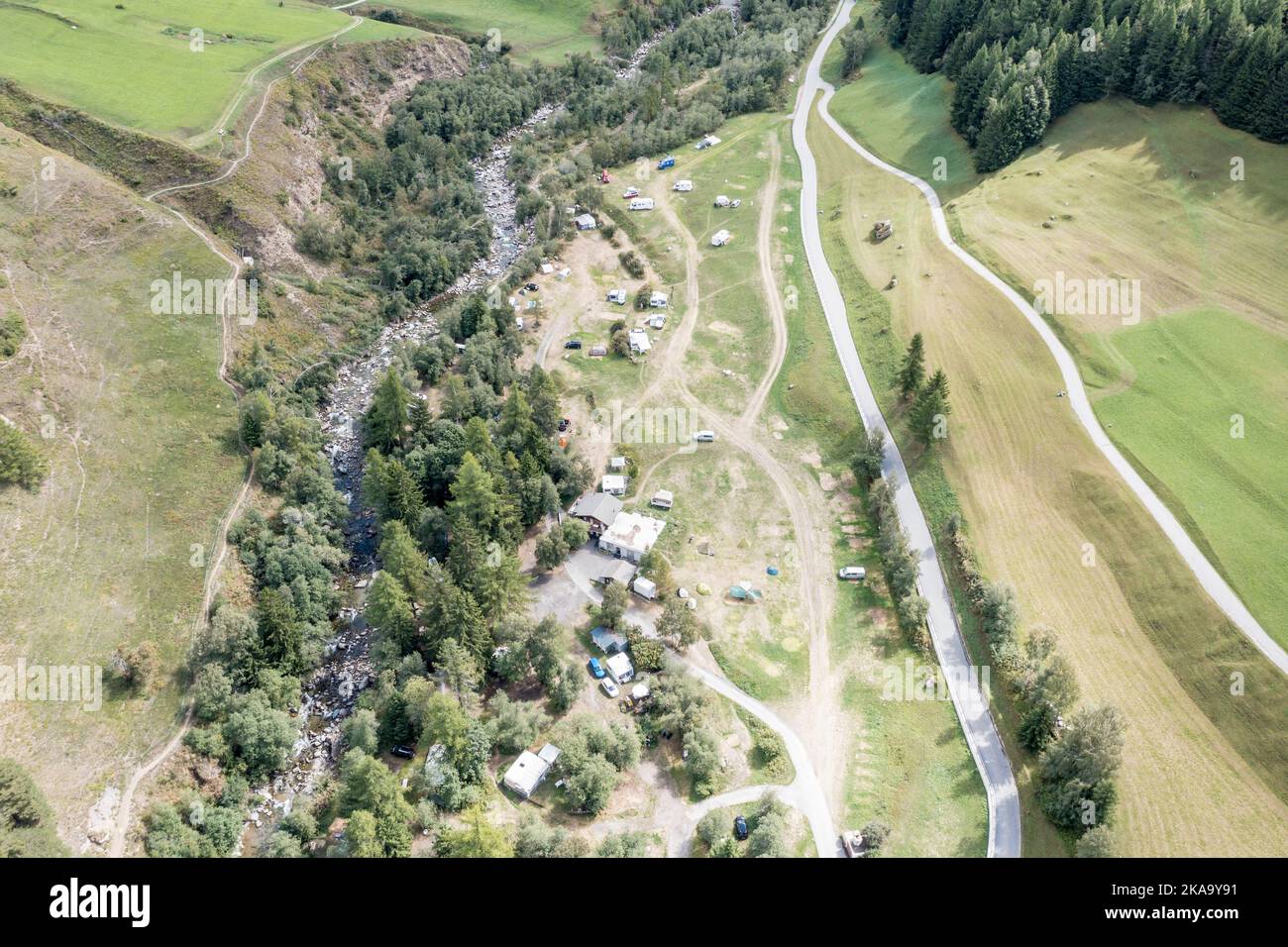Arial view of campsite Giessen in the Binntal valley, Valais ...