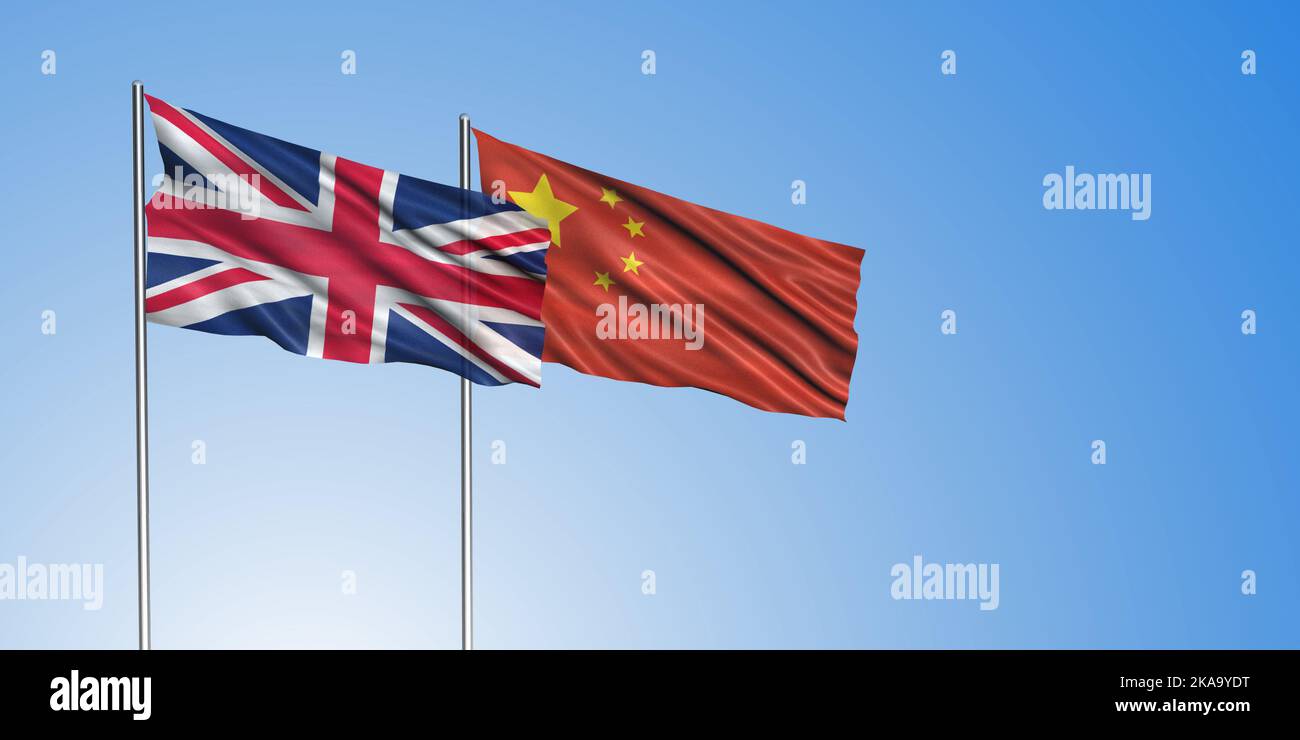 United Kingdom flag and China flag, with blue sky Stock Photo - Alamy