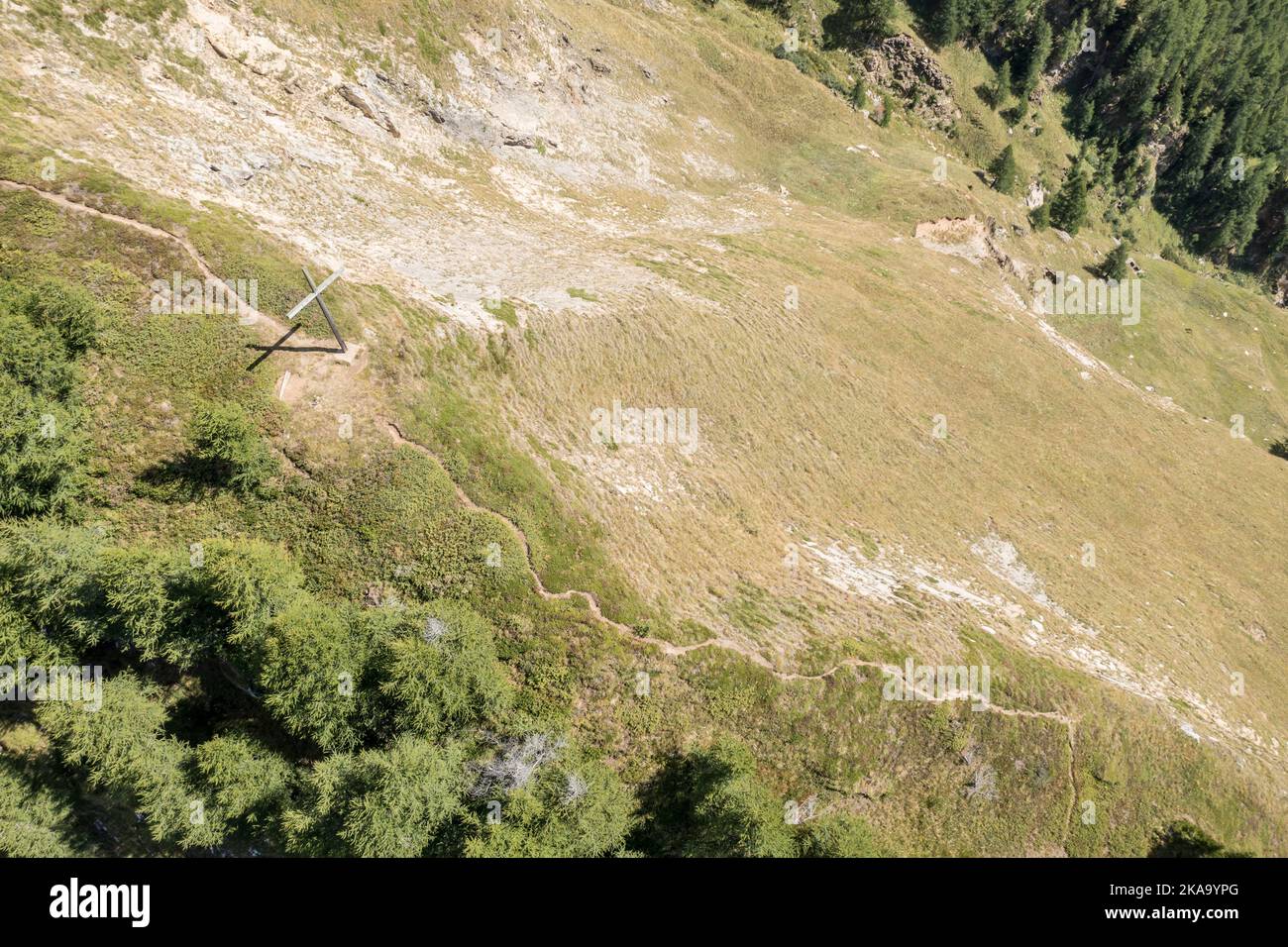 Aerial view, cross on top of hill Binnergale, Binn valley, Binntal ...