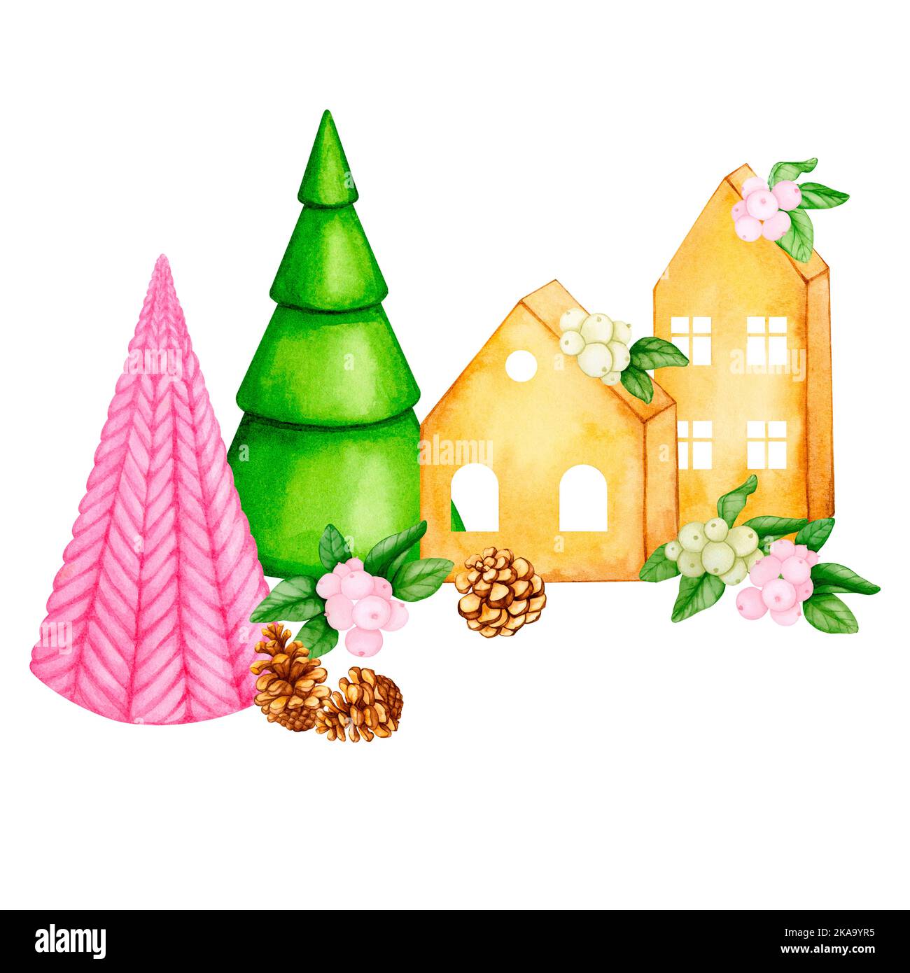 Watercolor New Year and Christmas composition. Scandinavian winter ...