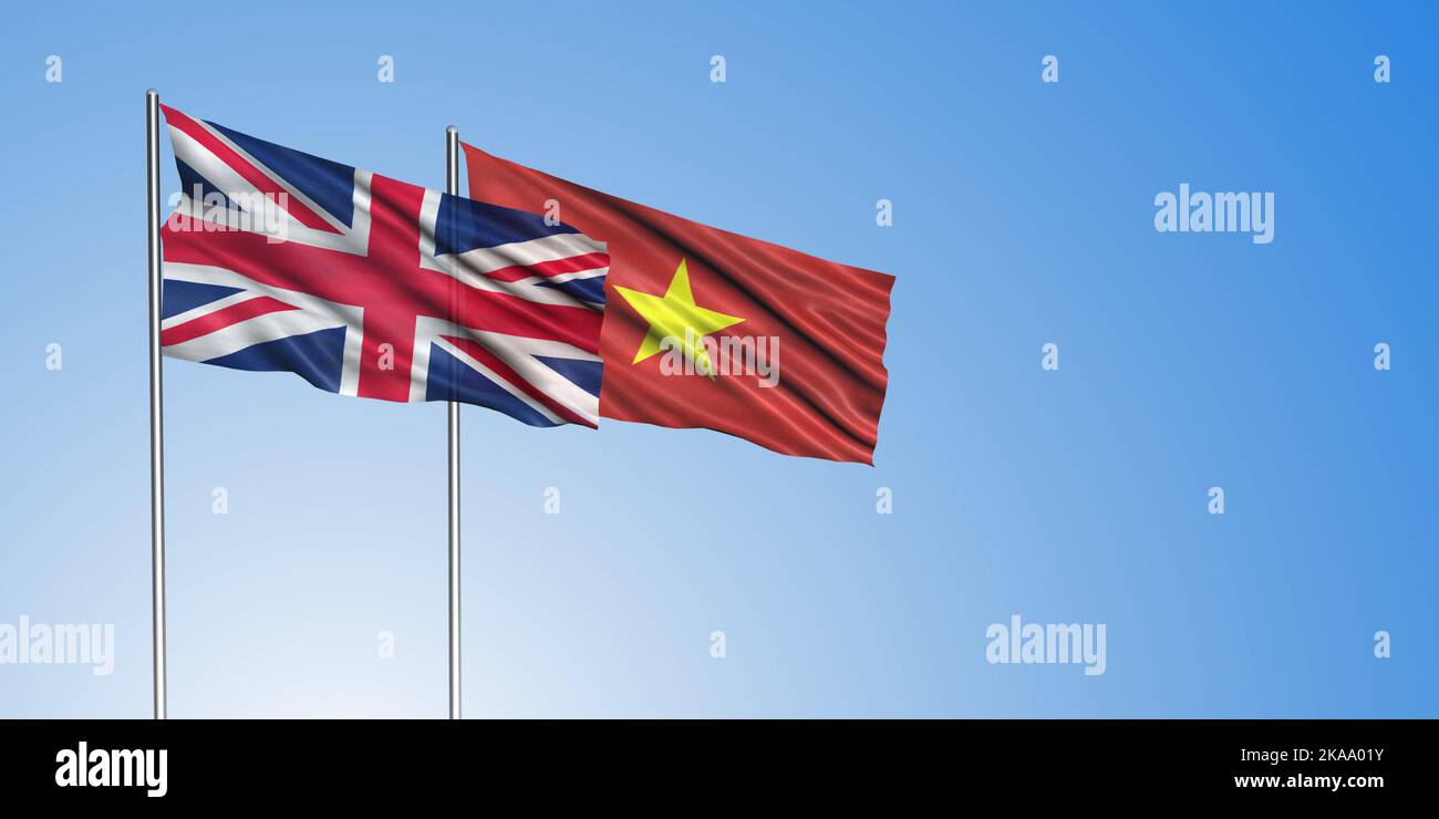 United Kingdom flag and Vietnam flag, with blue sky Stock Photo - Alamy