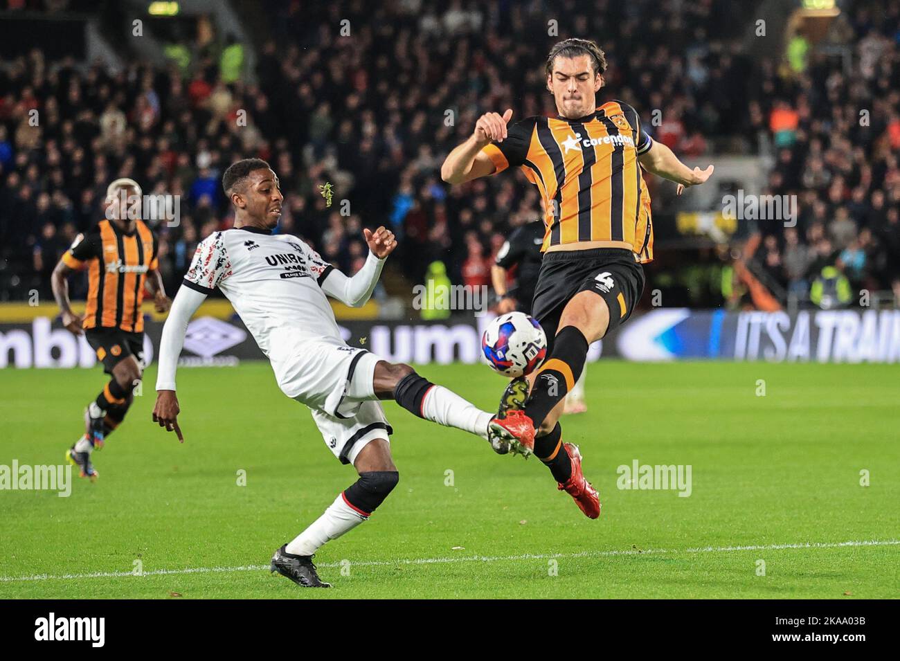 Hull, UK. 01st Nov, 2022. Jacob Greaves #4 of Hull City clear the ball ...