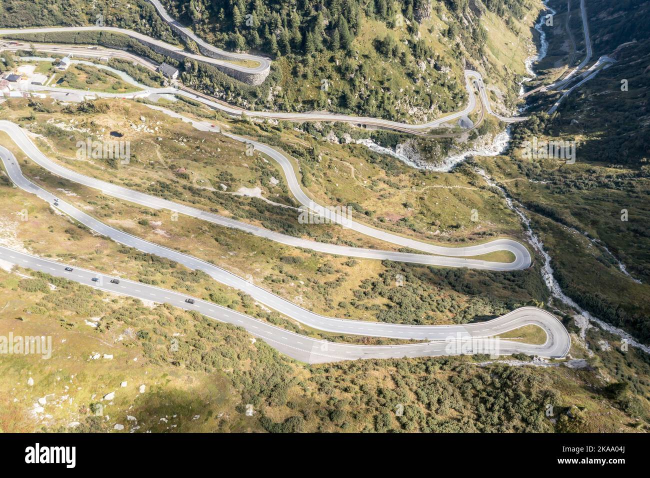 Aerial view of Grimsel mountain pass, southern slopes at village ...