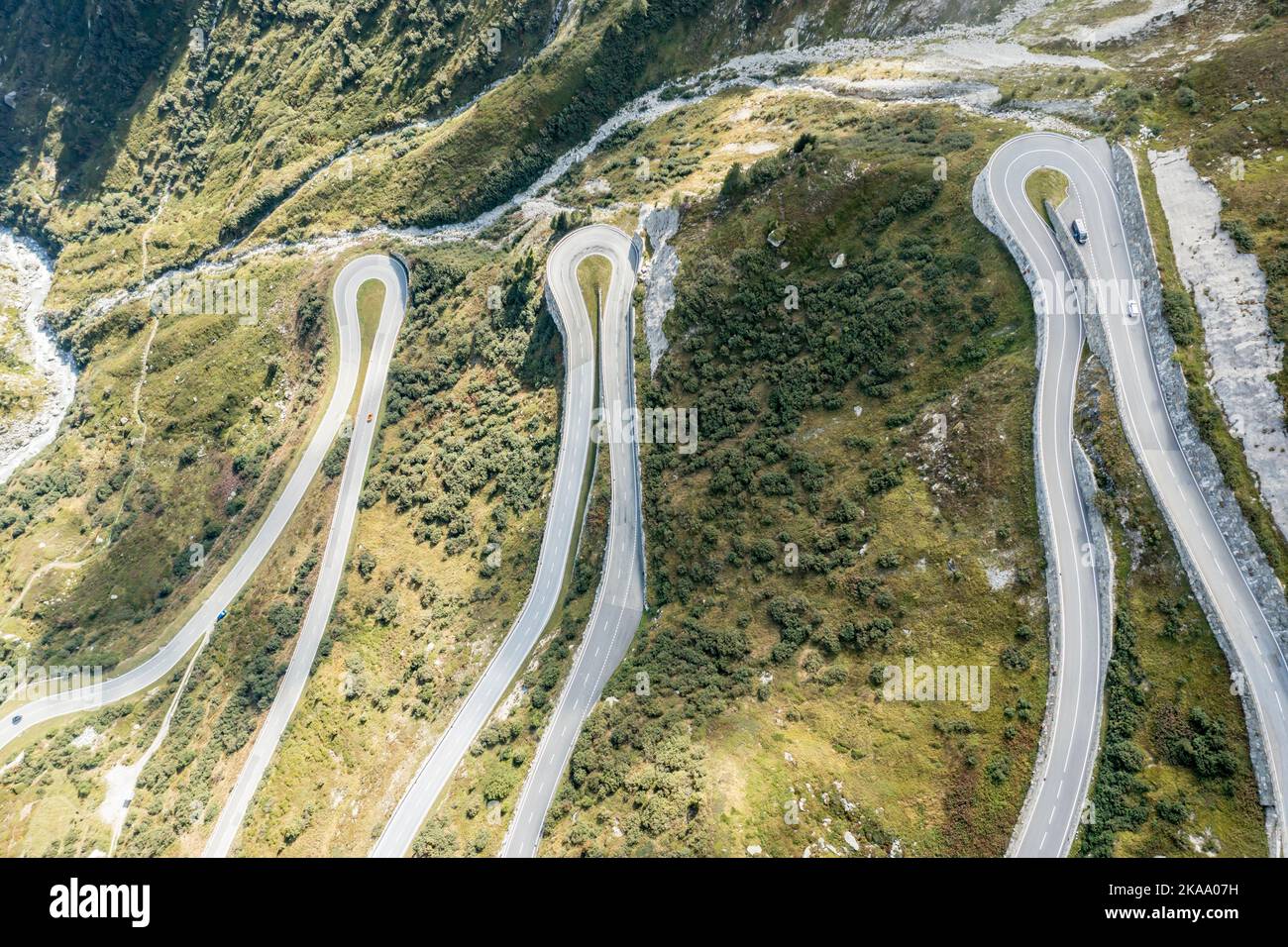 Aerial view of Grimsel mountain pass, southern slopes at village ...