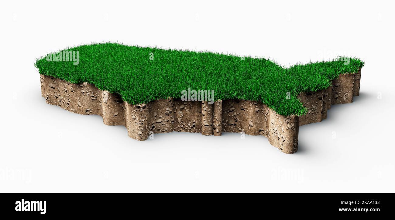 A 3D illustration of the USA map with green grass and rocky ground ...