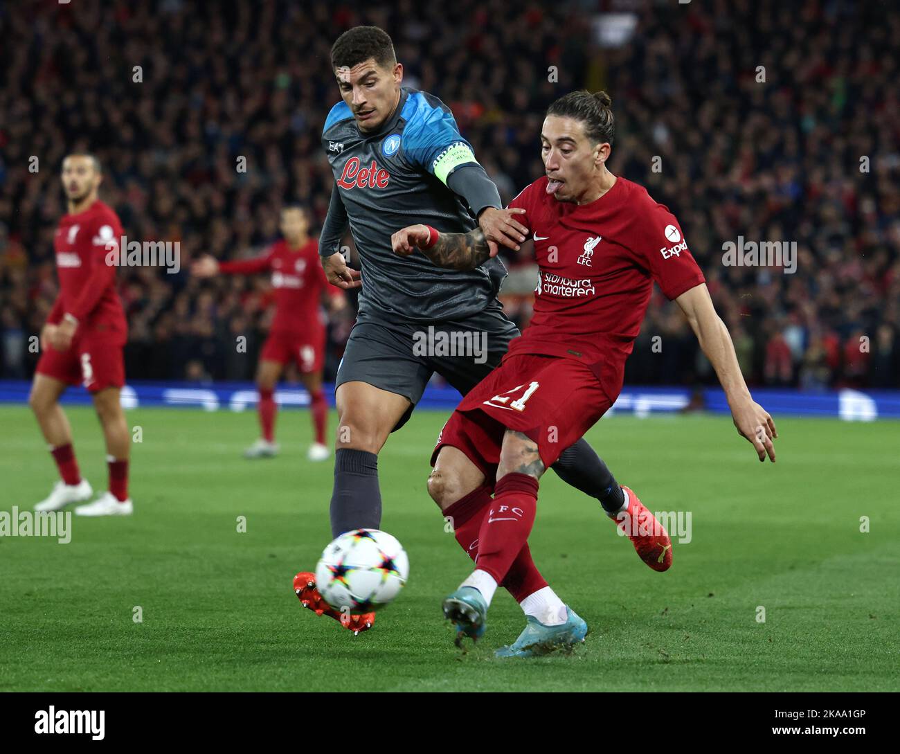 Liverpool, England, 1st November 2022. Kostas Tsimikas of Liverpool (R ...