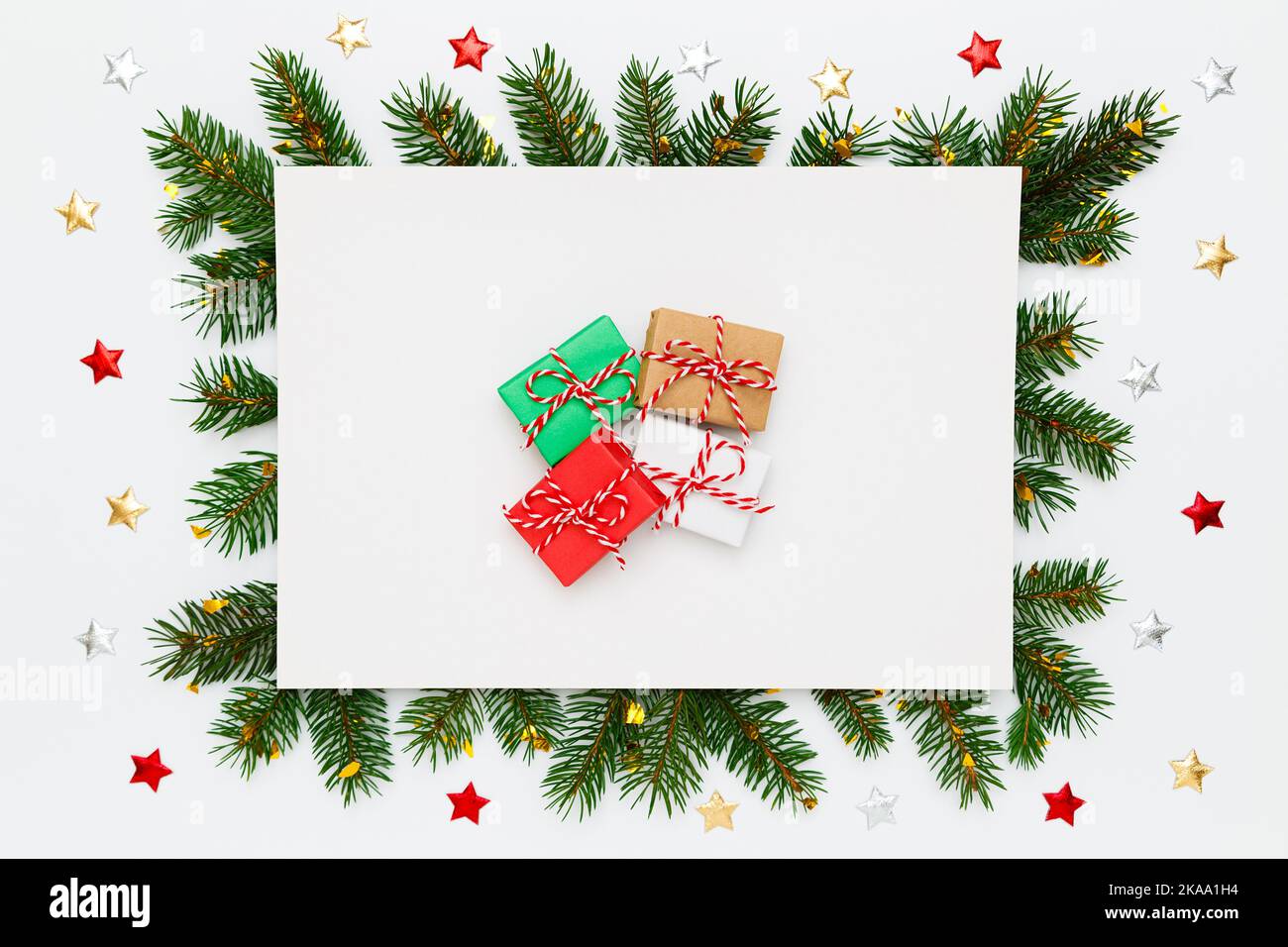 Christmas, New Year holiday layout. Small Christmas gifts in frame of ...