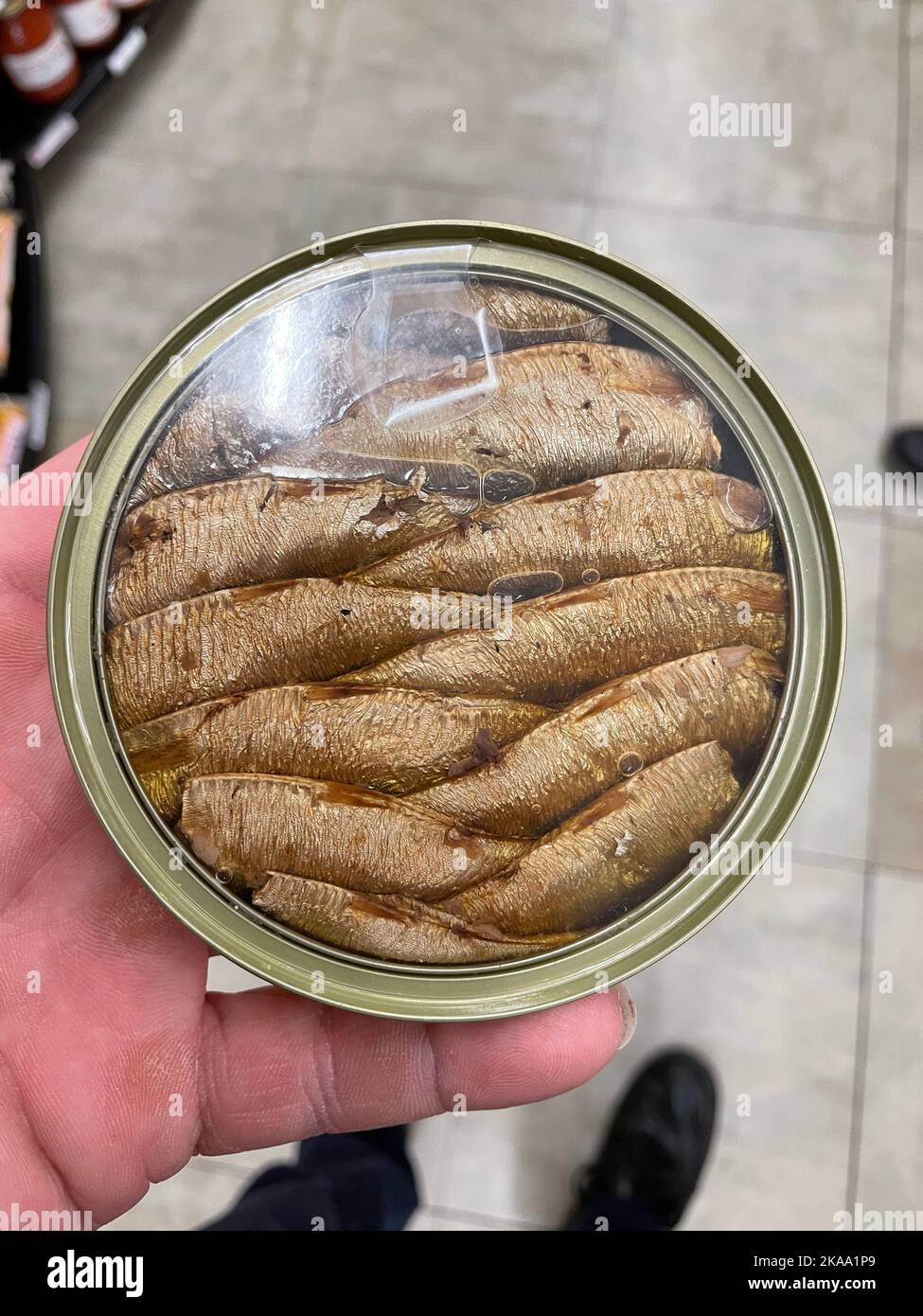 Augusta, Ga USA - 12 22 21: Tuna sardines pack tight in a round sealed ...