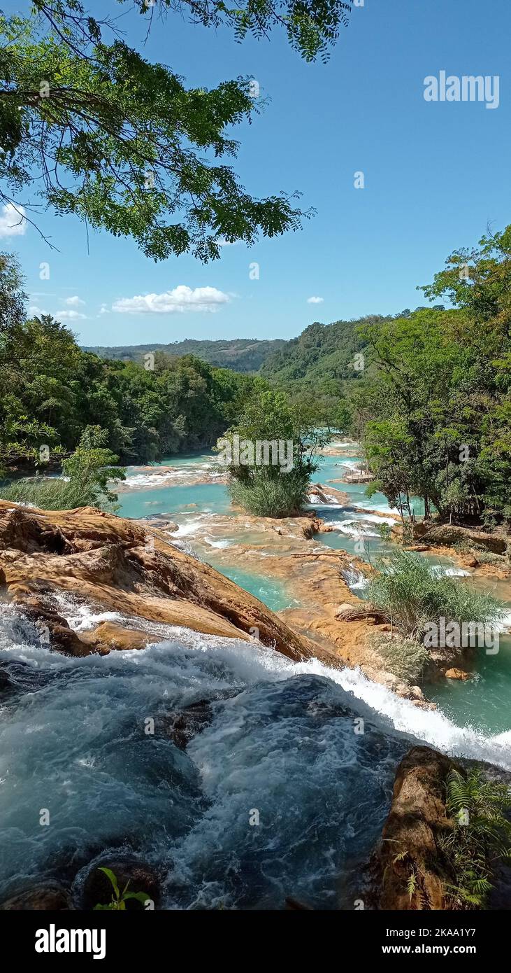 A vertical shot of the Agua Azul (blue water) waterfall cascade in ...