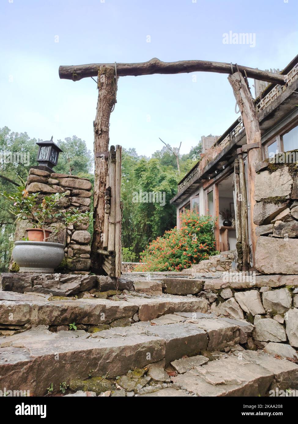 Wooden torii at the entrance to an ancient shrine Stock Photo - Alamy