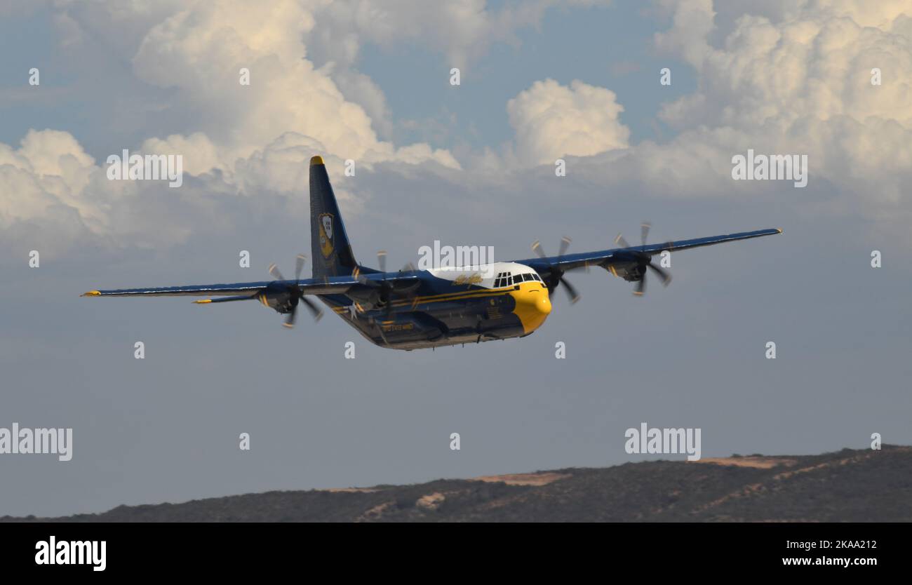 Fat Albert, a USMC C-130J transport, makes a pass at the 2022 Miramar ...