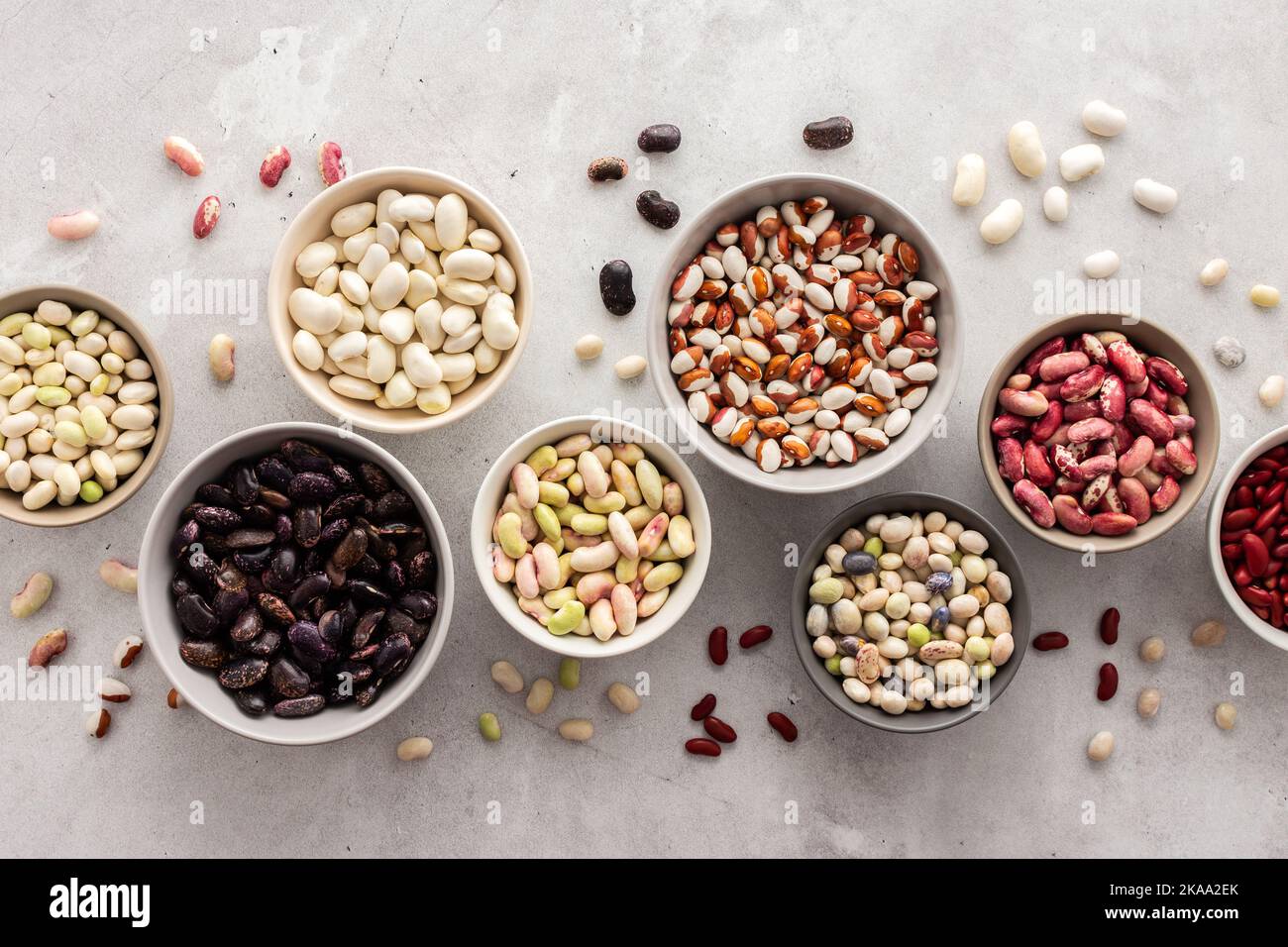 Different types of beans in bowls, economically important legume, top ...