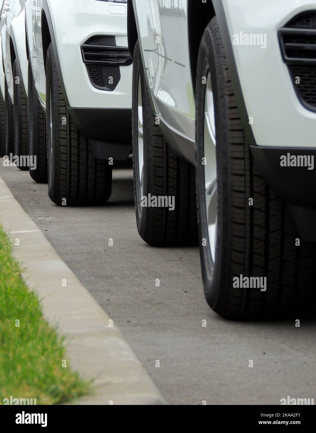 Line of the wheels of same vehicles staying on the road Stock Photo - Alamy