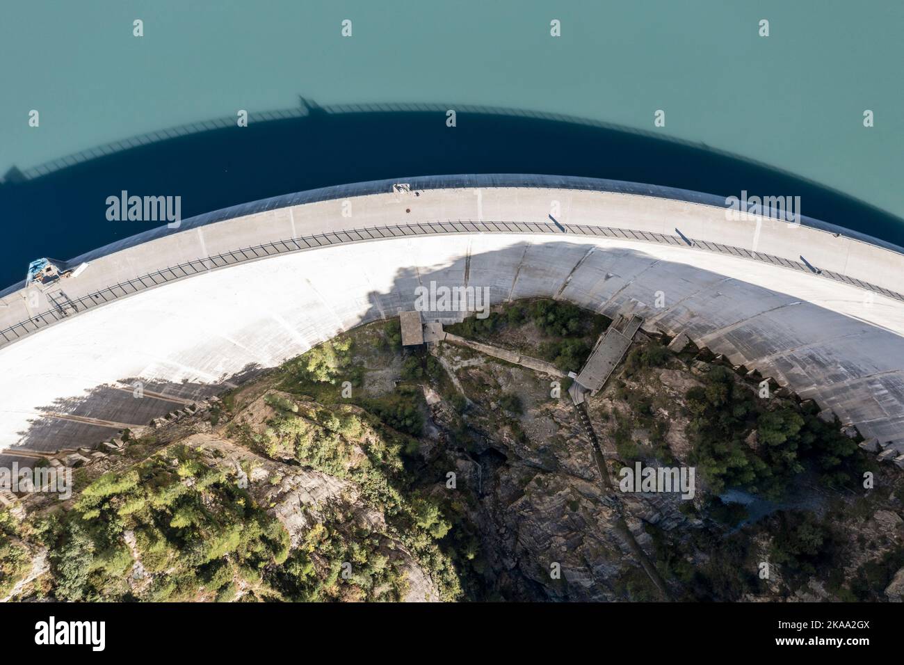 Amazing aerial view of reservoir dam and lake lac d' Emosson, Finhaut ...