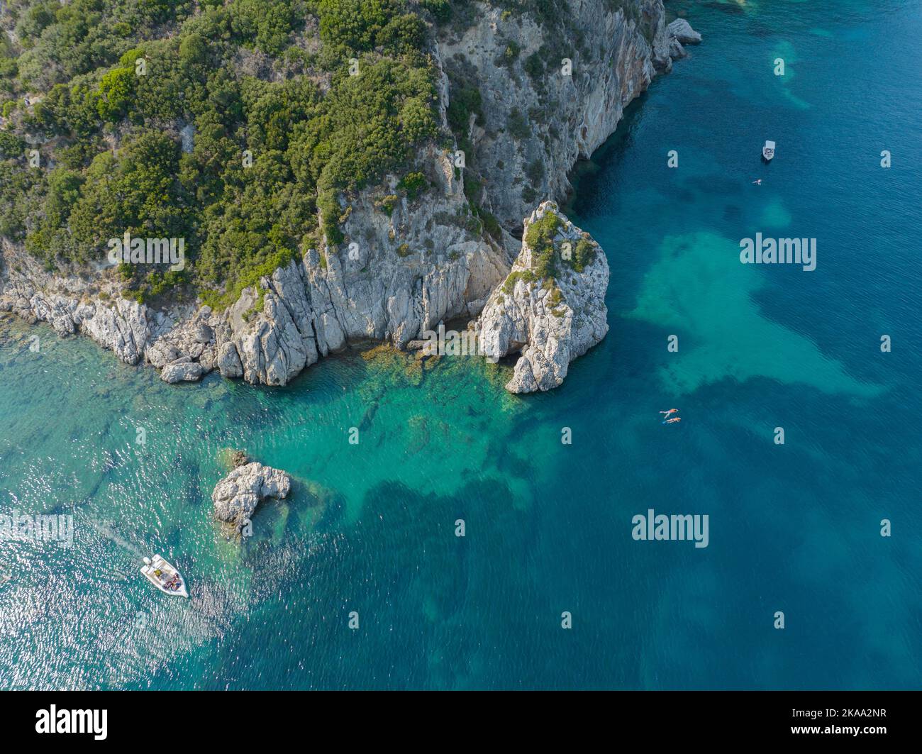 Aerial view of a boat moored near the coast of the island of Corfu ...