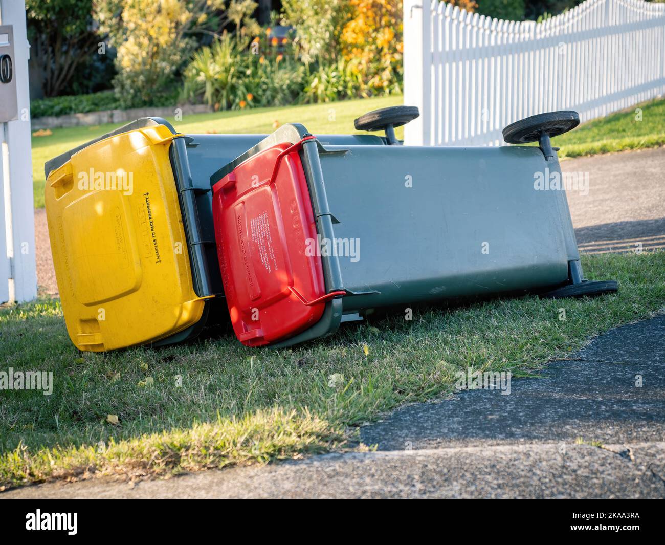 View of rubbish wheelie bins toppled by strong wind laying on ground ...