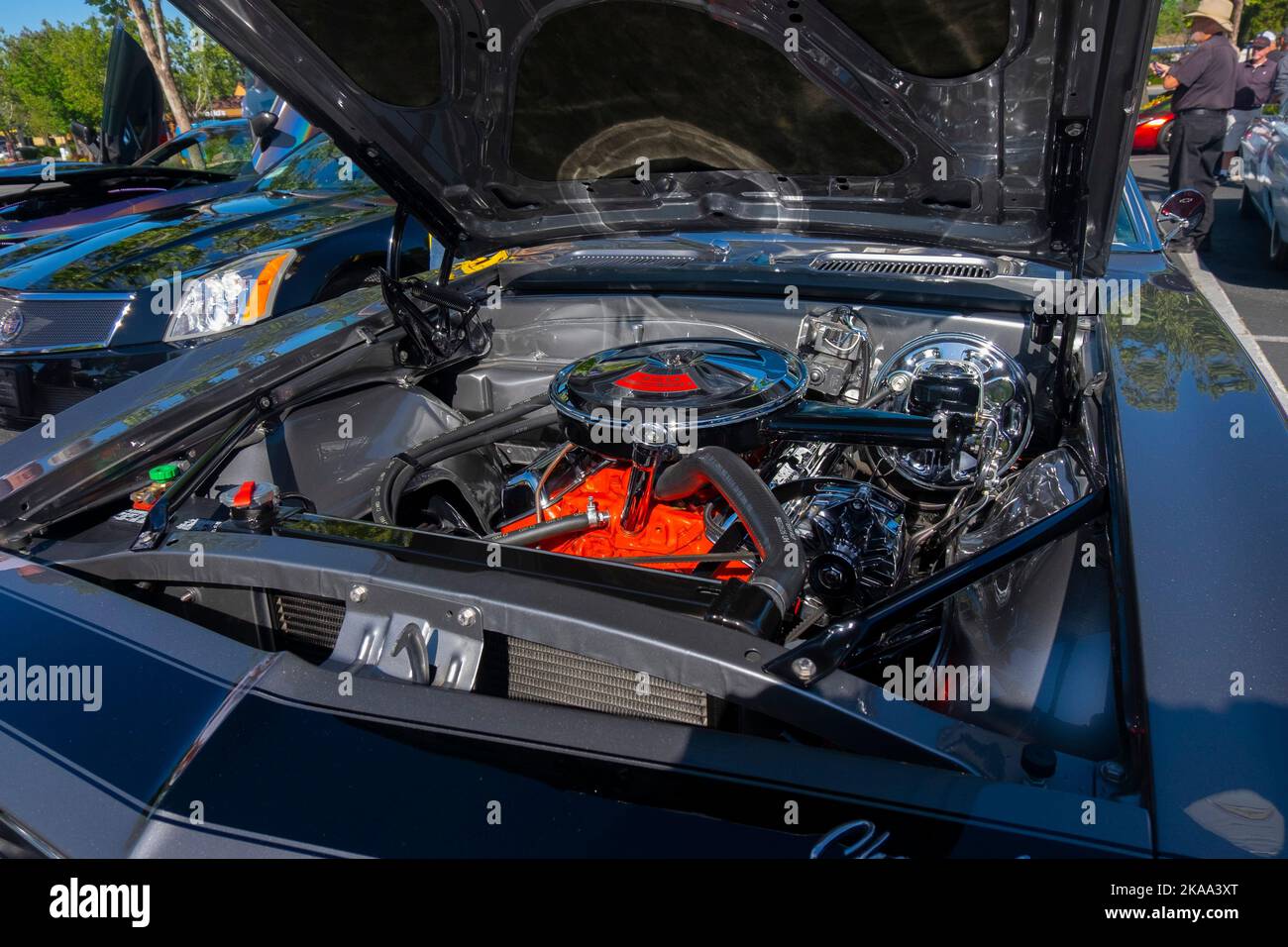 The engine bay of a classic black car Stock Photo - Alamy