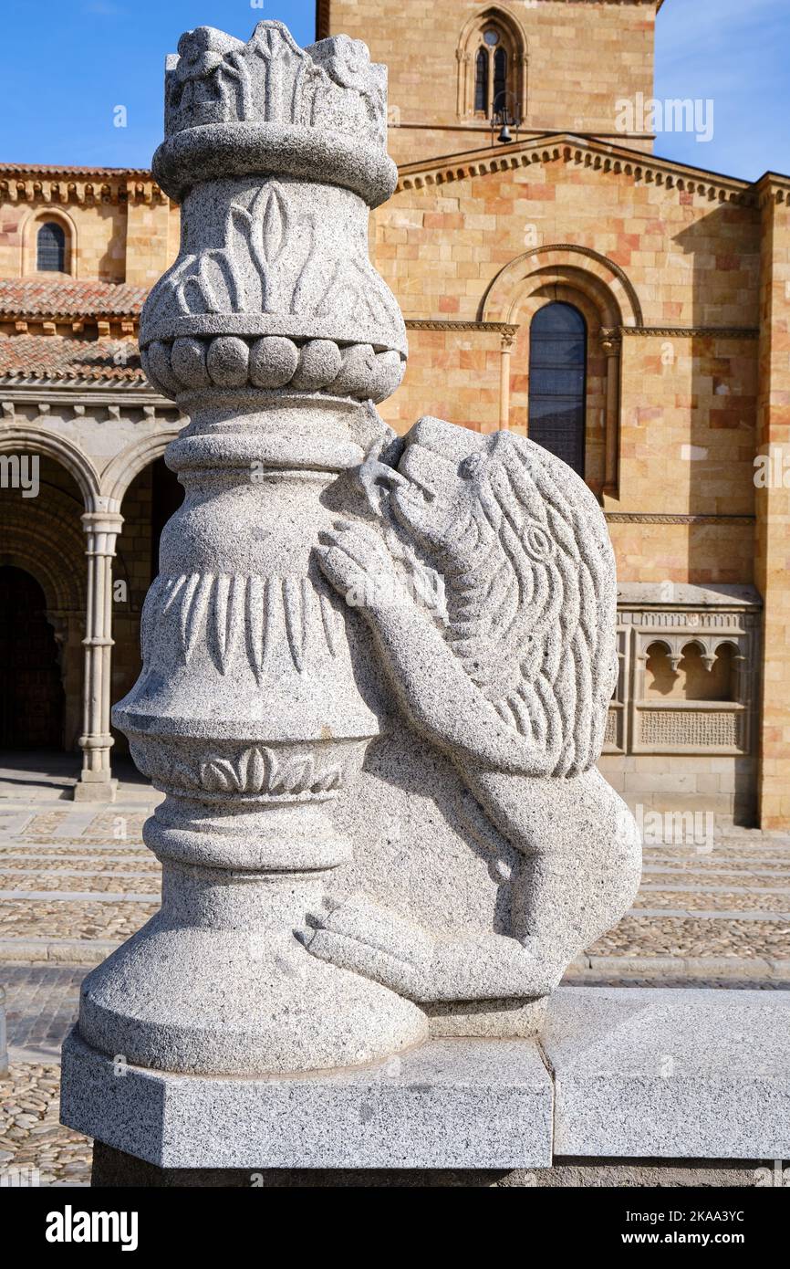 A statue of a lion in Basilica de San Vicente church in Avila, Spain ...