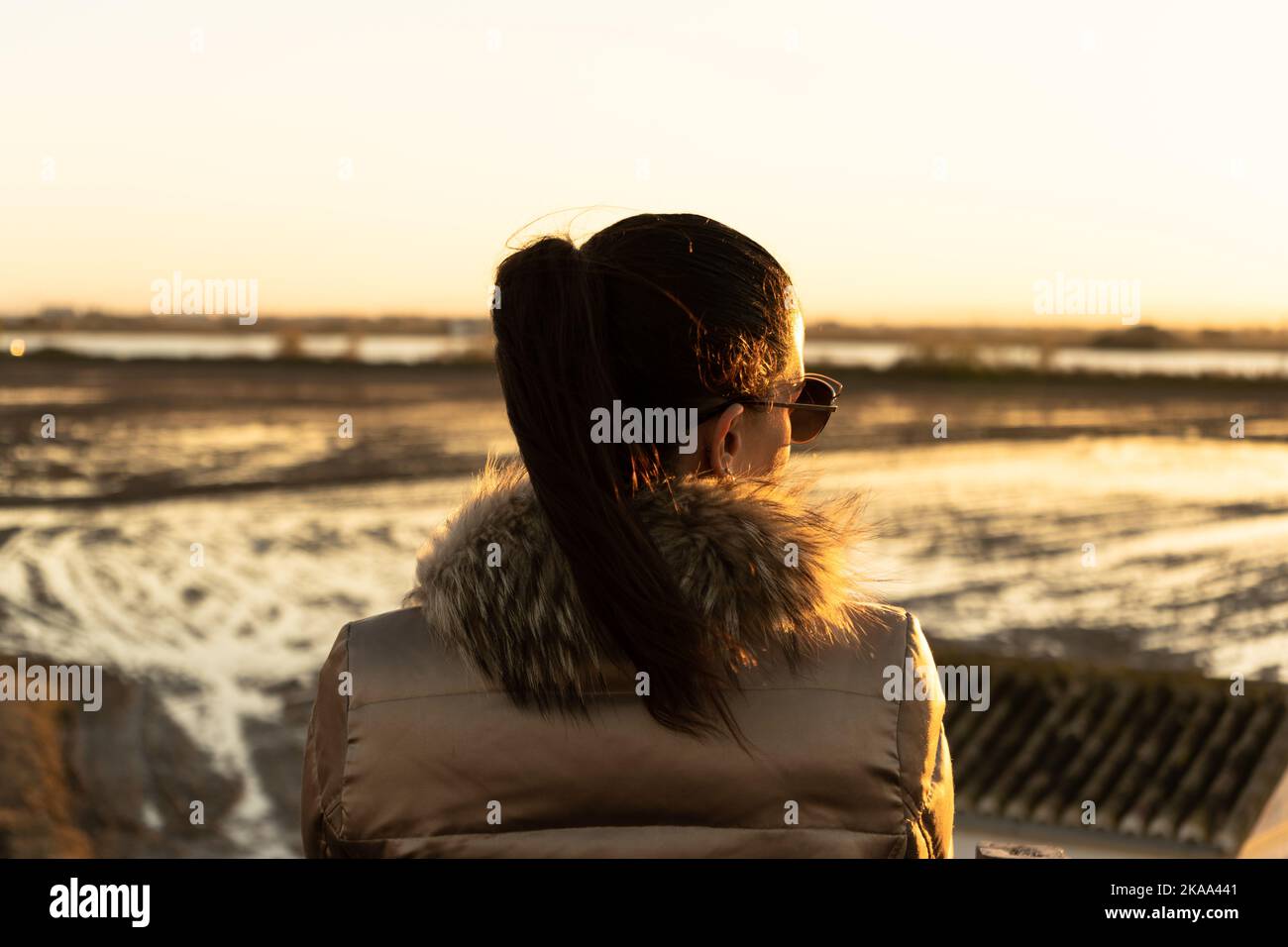 Rear view of a young caucasian woman with a ponytail looking the sunset ...