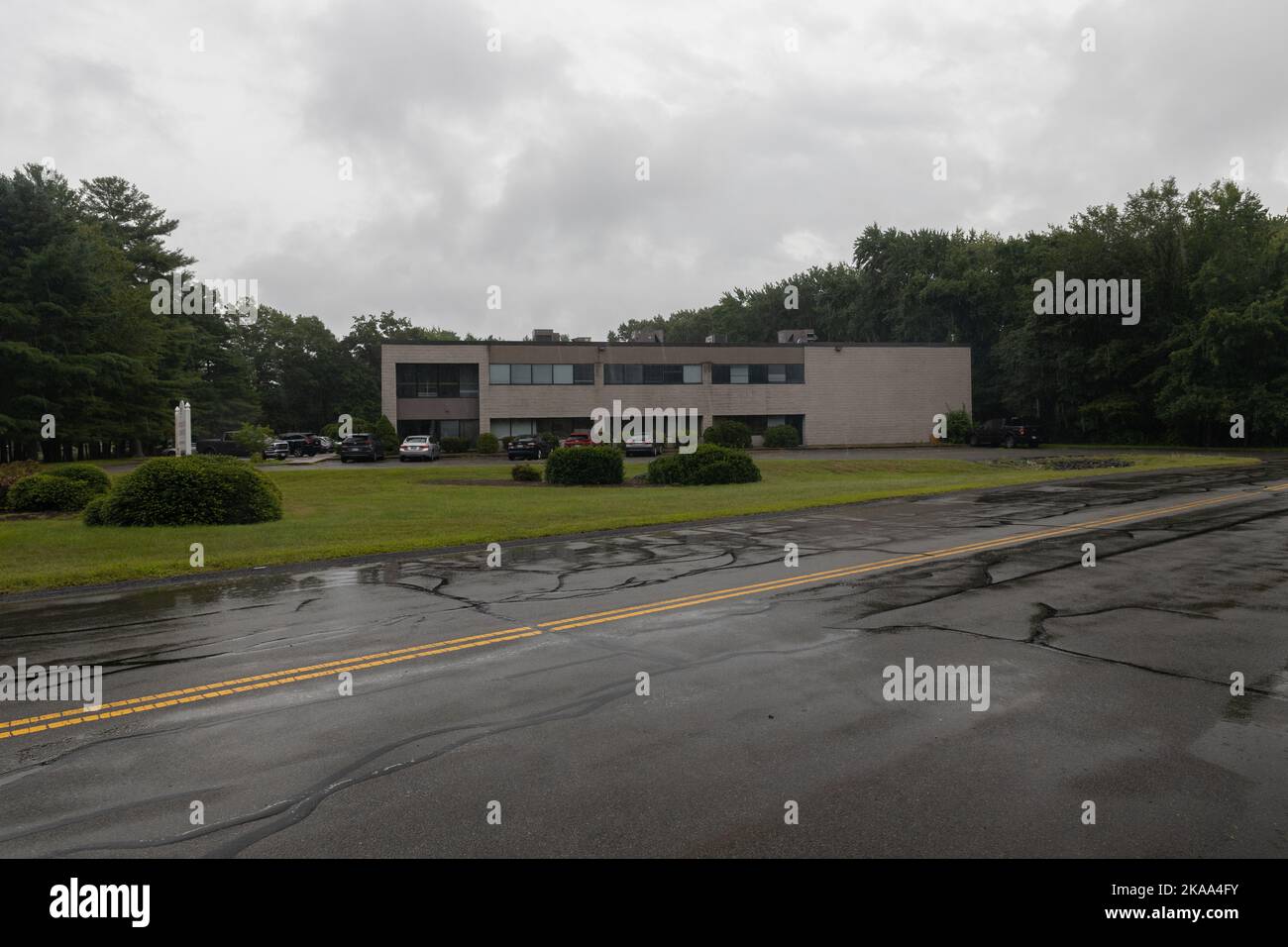 A view of an exterior of a commercial building for manufacturing or ...