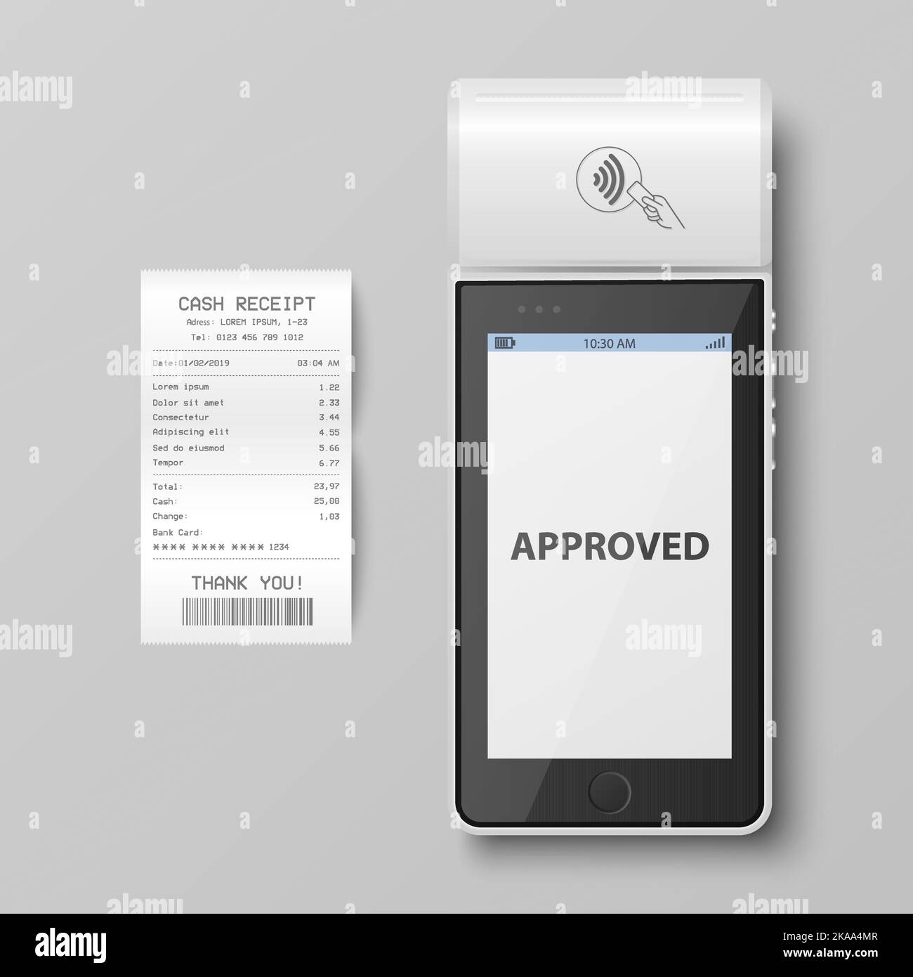 Vector 3d NFC Payment Machine with Approved Status, Paper Check, Receipt Isolated. Wi-fi ...