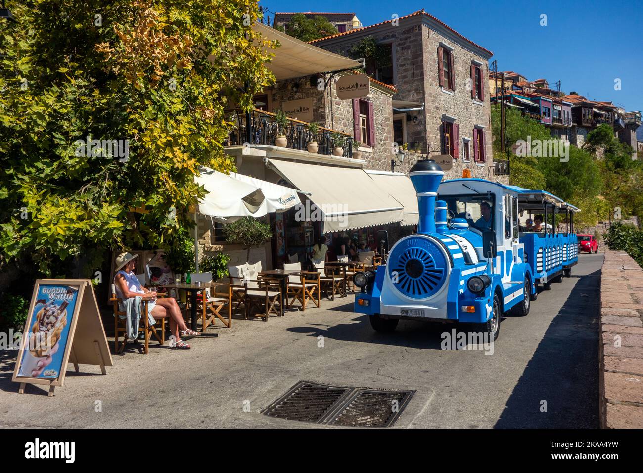 The little village train taking holidaymakers between Molyvos and Petri ...