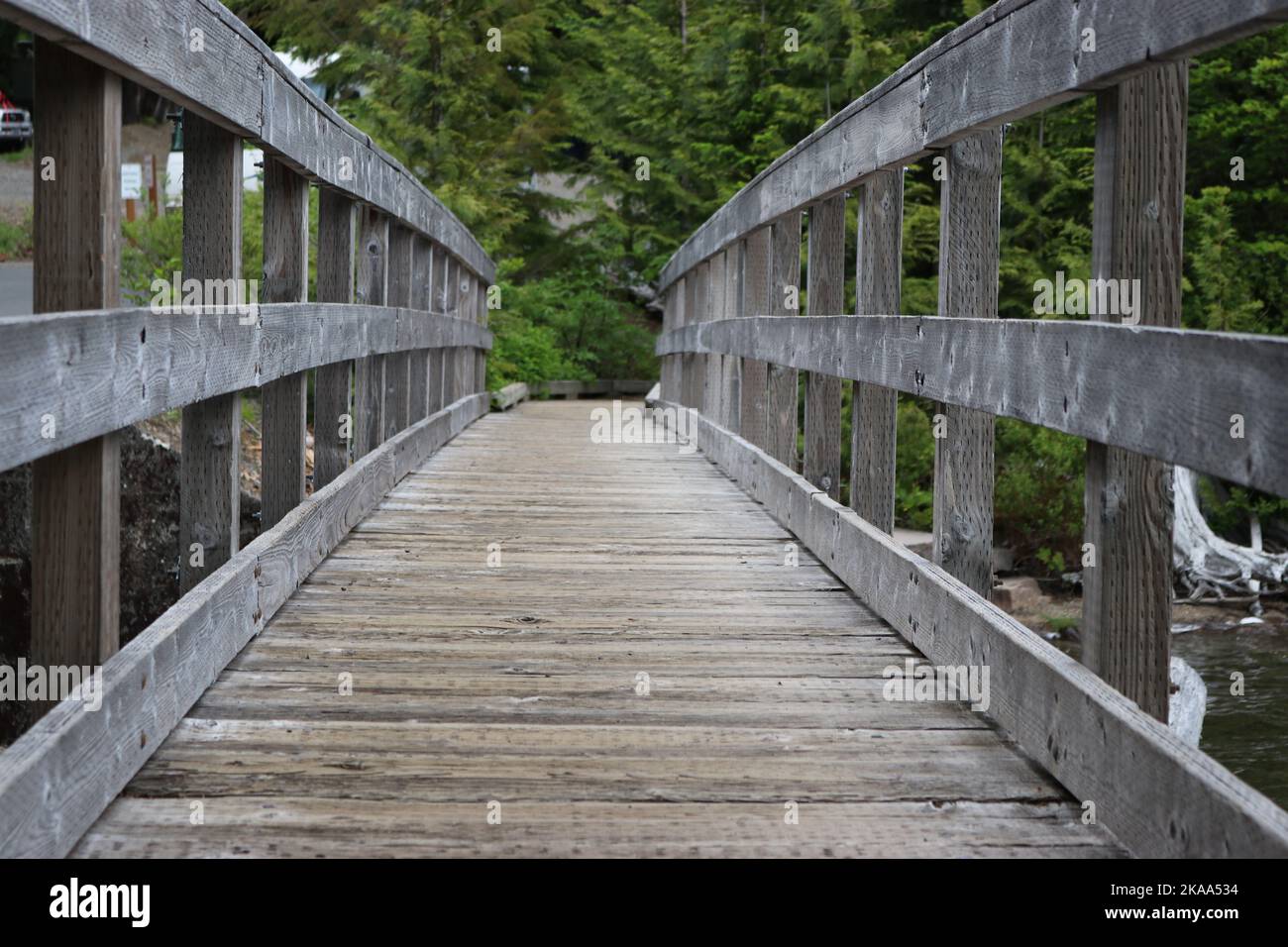 A scenic view of a wooden bridge with handrails above a river in Oregon ...