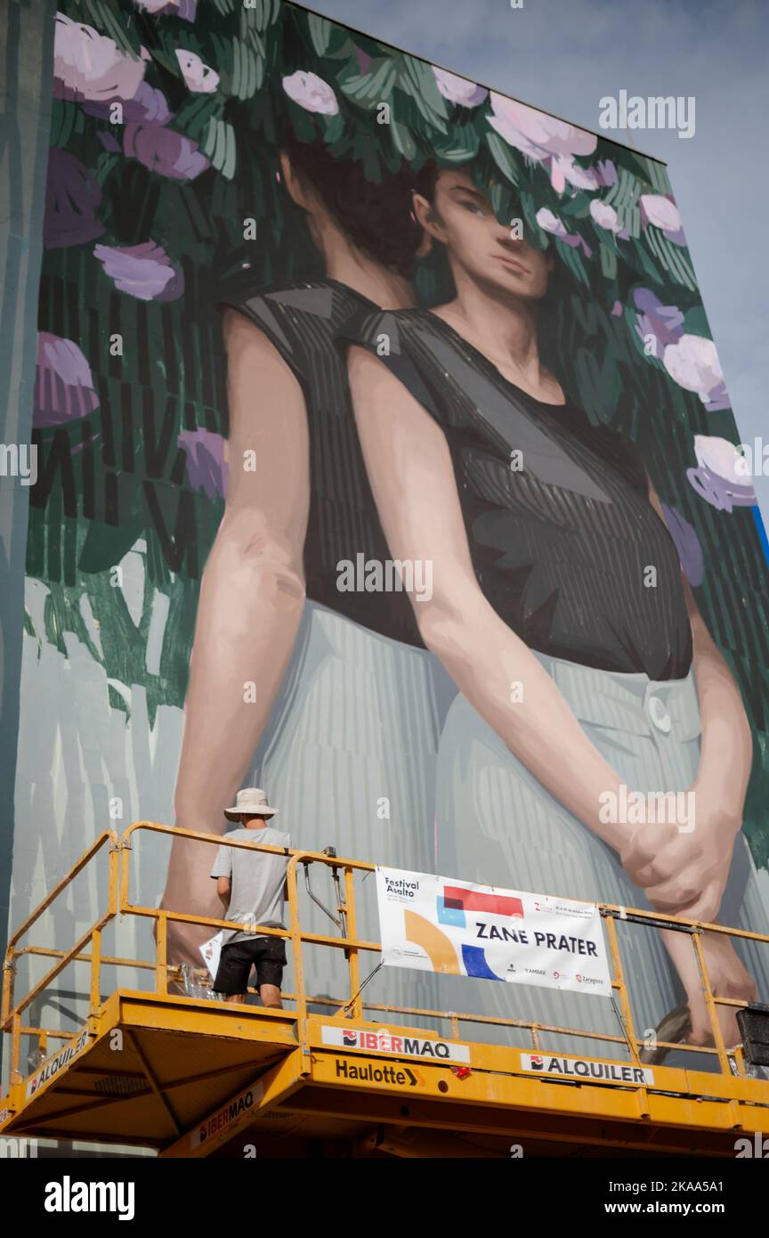 Artist Zane Prater paints a mural during Asalto International Urban Art ...